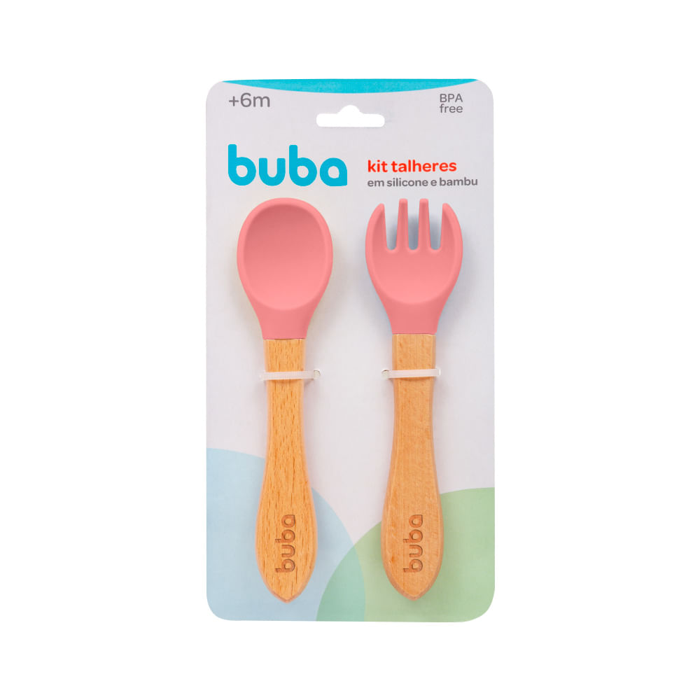 Colher + Garfo Silicone E Bambu Buba Rosa - farmagora