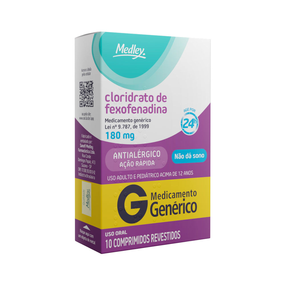 CLORIDRATO DE FEXOFENADINA 180MG COM 10 COMPRIMIDOS MEDLEY GENERICO ...